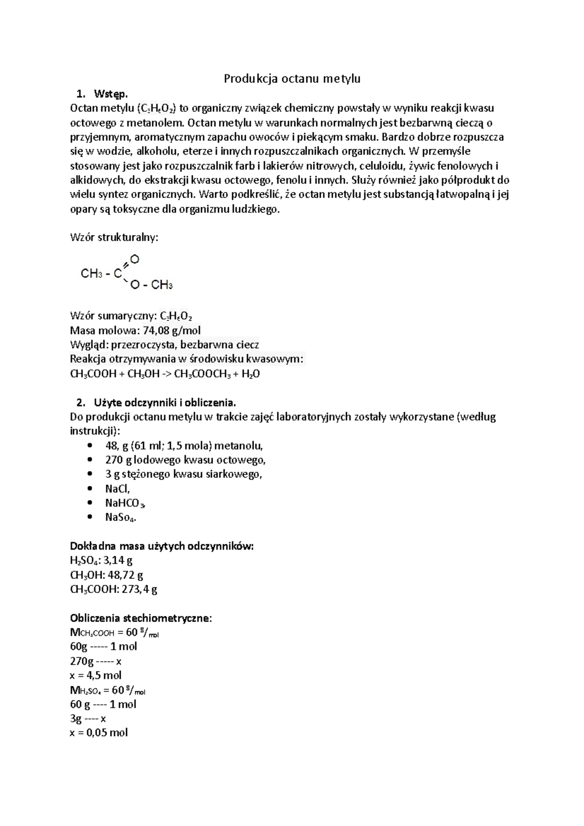 Chemia Organiczna - Produkcja octanu metylu Wstęp. Octan metylu (C 3 H ...