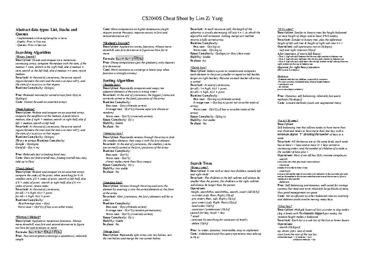 CS2040 S Cheatsheet Mid Terms - Abstract data types: List, Stacks and Queues Implemented with ...