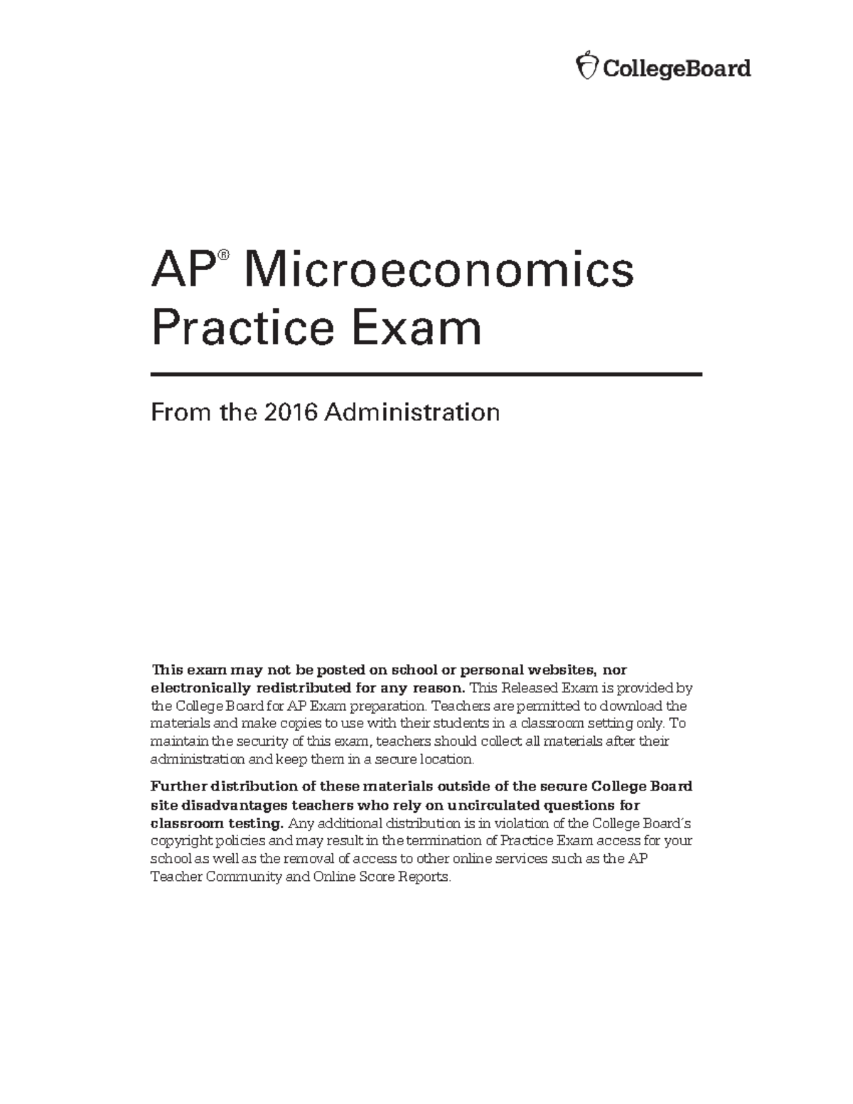 AP Micro 2016 - AP test - AP ® Microeconomics Practice Exam From the ...