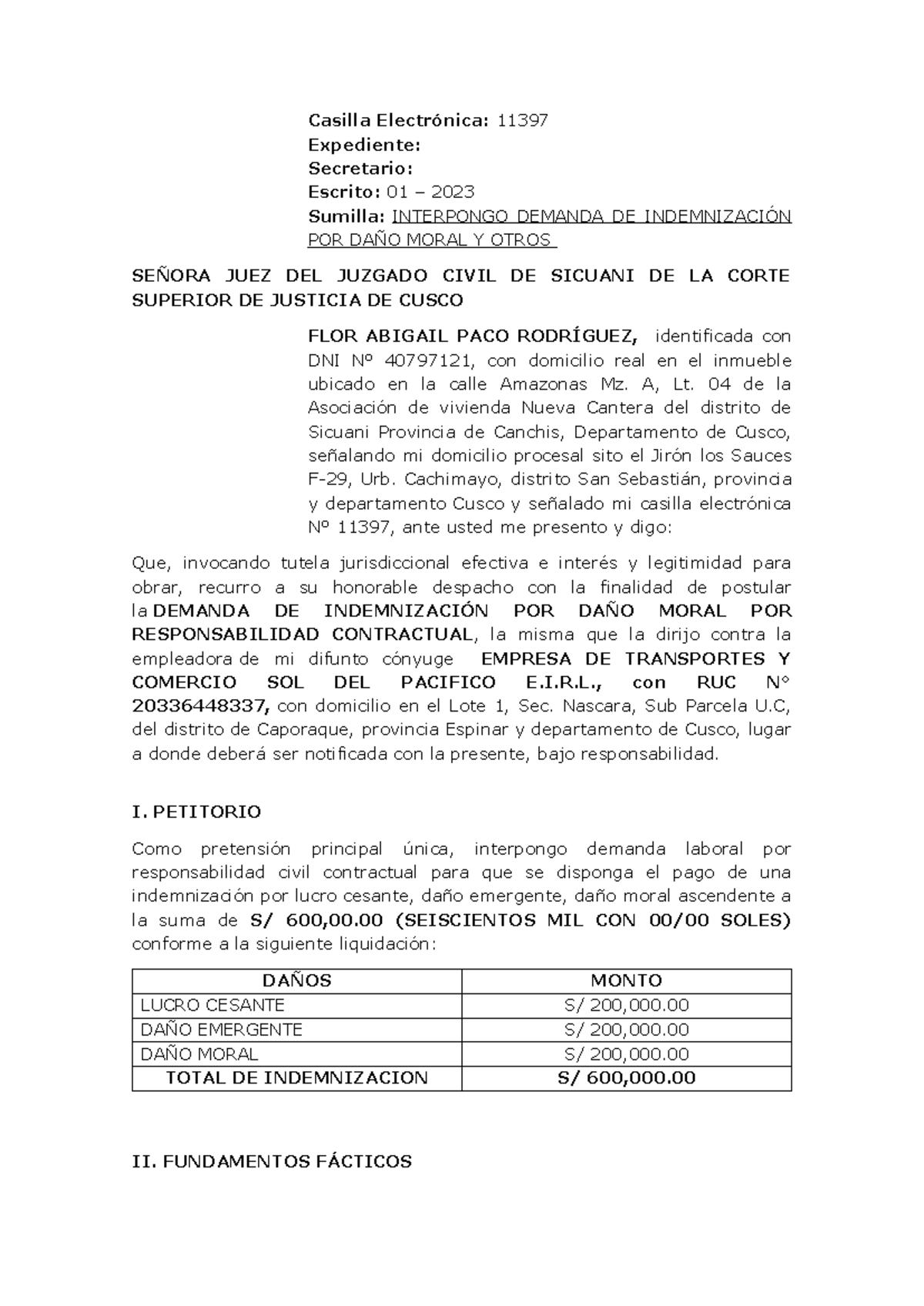 Demanda DE Indemnizacion POR DAÑO Abigail - Casilla Electrónica: 11397 ...
