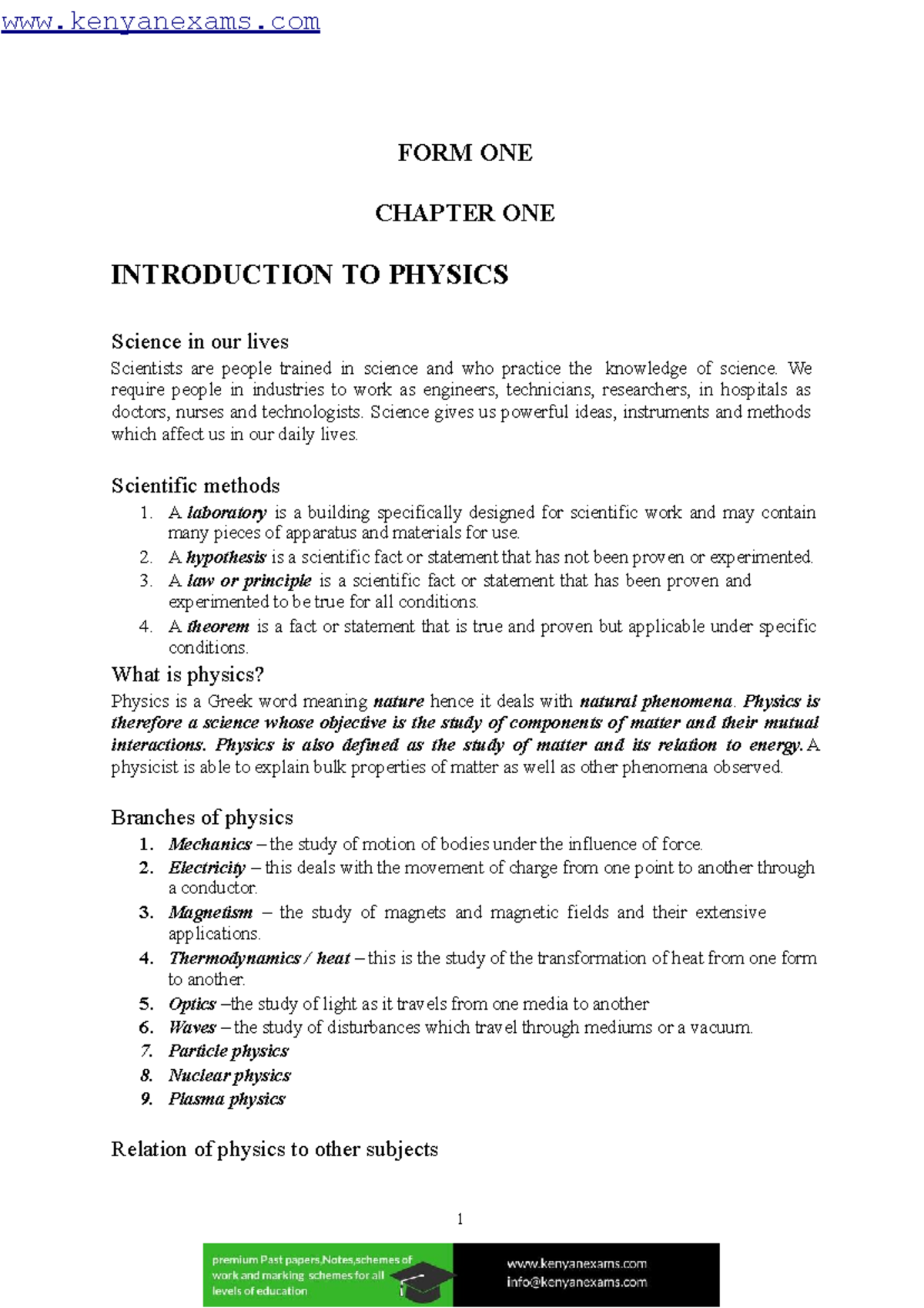 Physics-class notes part-1 - kenyanexams 1 FORM ONE CHAPTER ONE ...