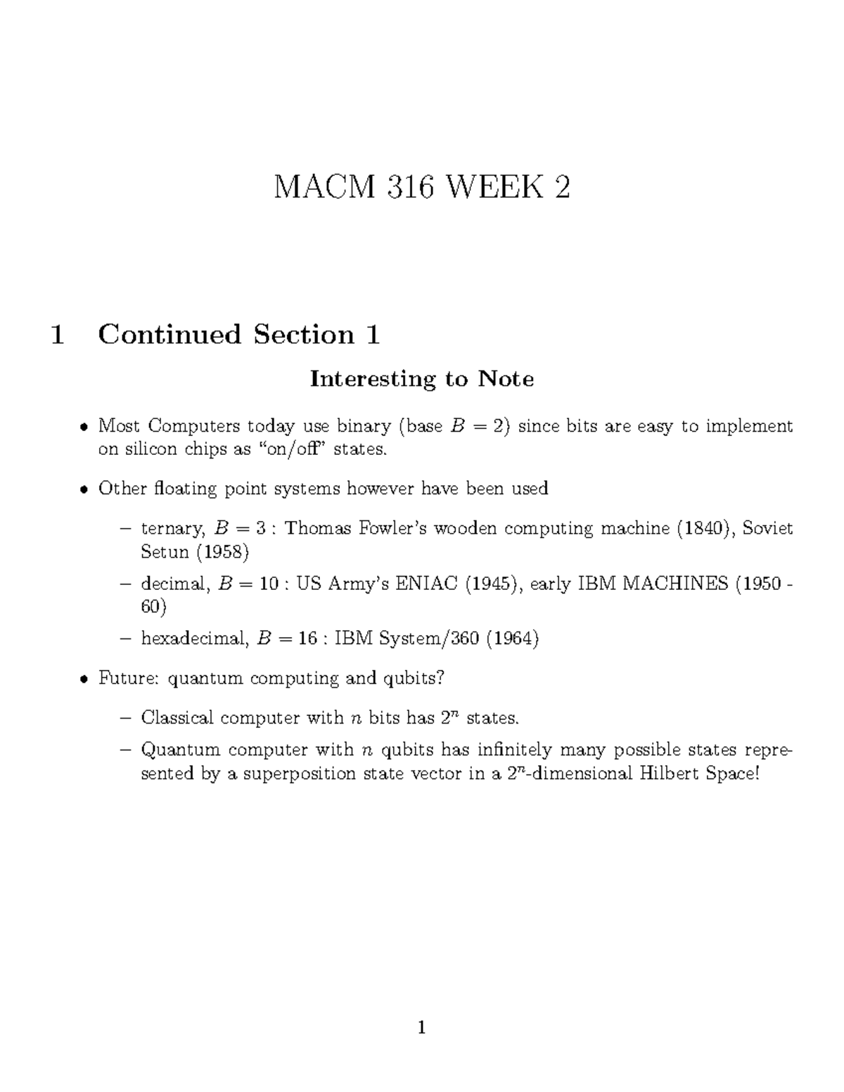 WEEK2 - Week 2 part 1 - MACM 316 WEEK 2 1 Continued Section 1 Interesting to Note Most Computers ...