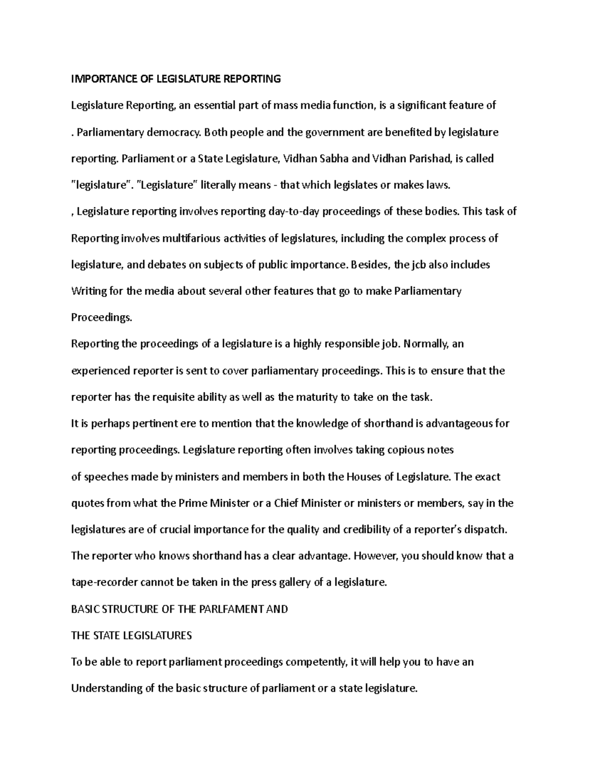 Parliamentry reporting - IMPORTANCE OF LEGISLATURE REPORTING ...