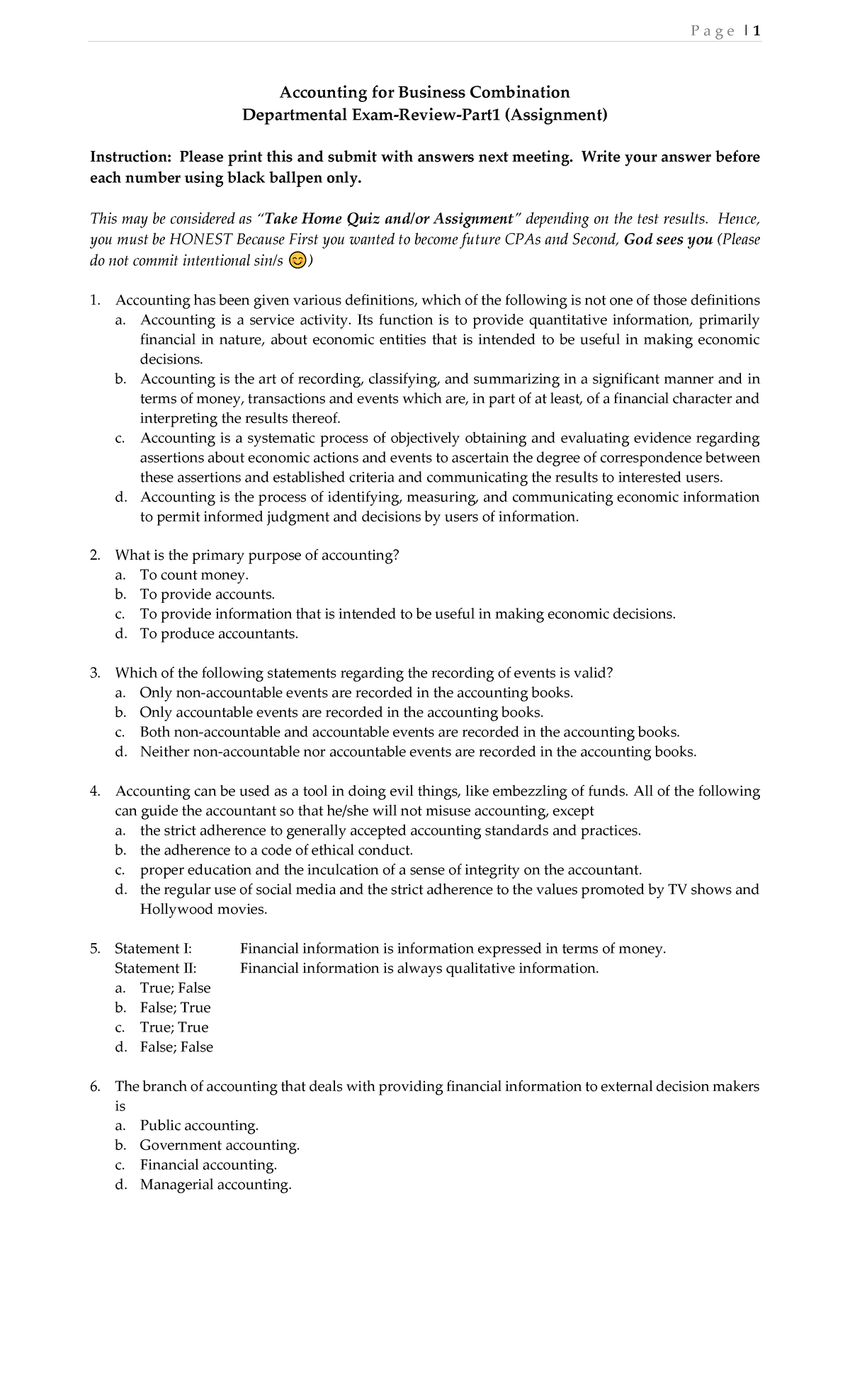 DEP EXAM- Midterm-PART 1- Review- Assign - Accounting for Business ...