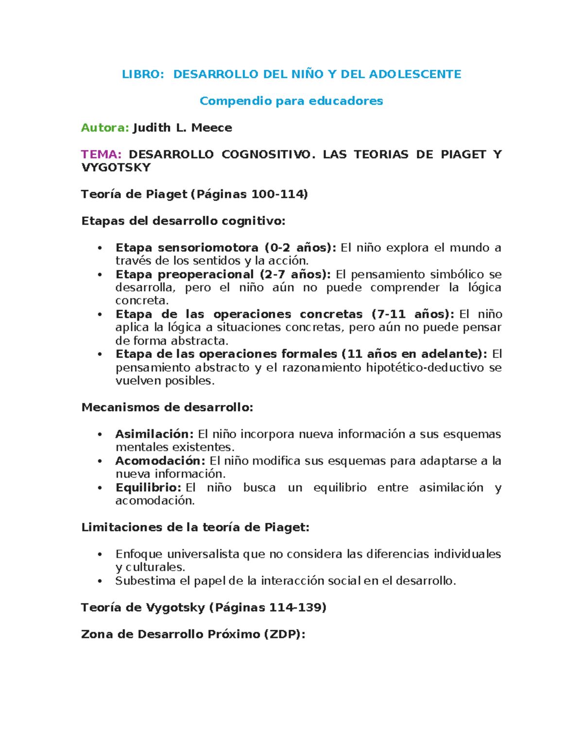 Teoria de Piaget y Vygotsky - LIBRO: DESARROLLO DEL NIÑO Y DEL ...