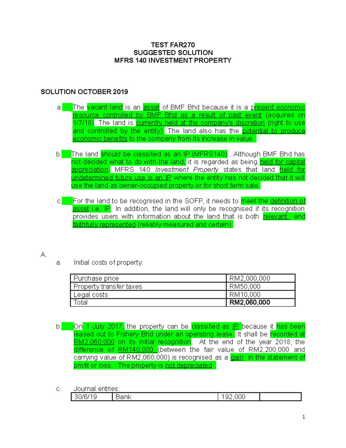 Student'S copy Solution TEST MFRS 140 - Financial Accounting And ...