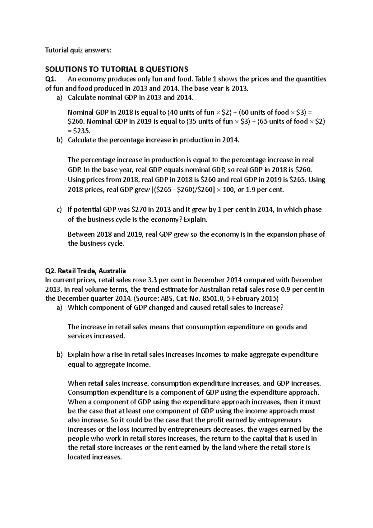 Tutorial Quiz Questions And Answers Tutorial Quiz Answers Solutions To Tutorial 8 Questions