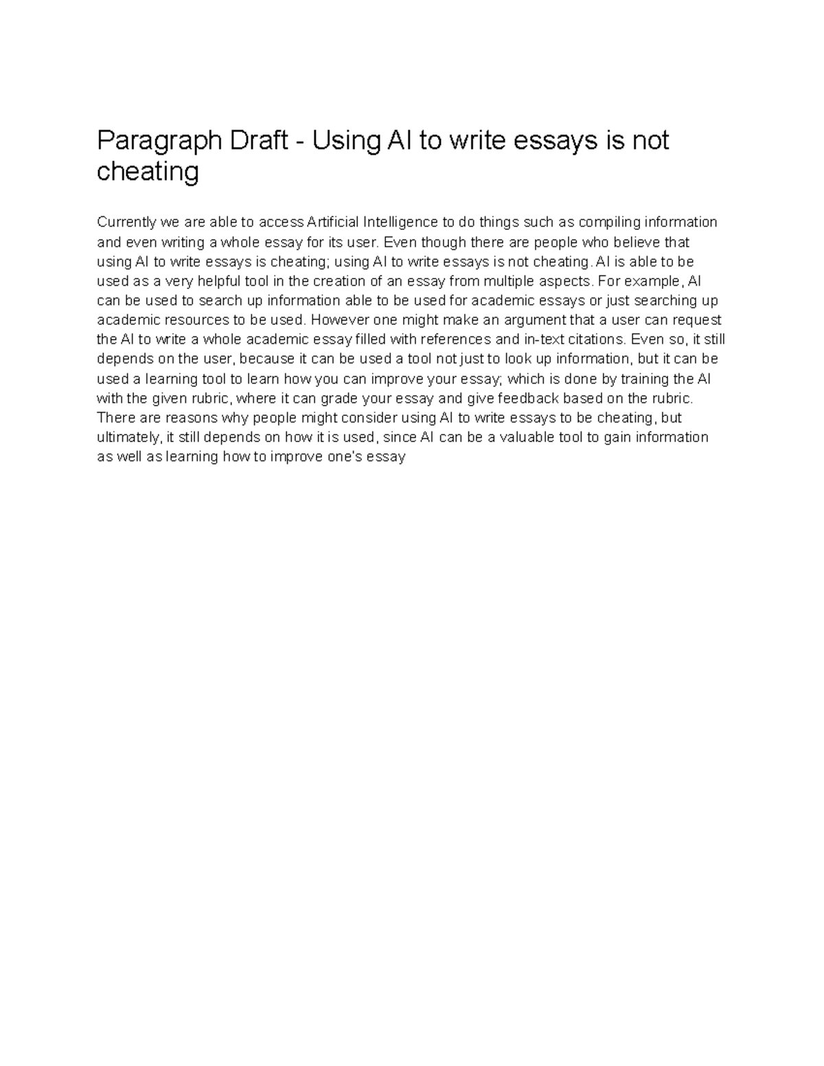 ENGL 1050 Paragraph Draft - Paragraph Draft - Using AI to write essays ...