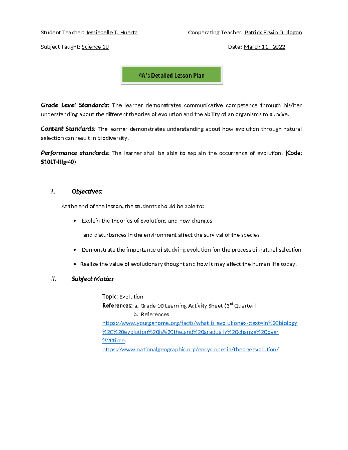 4AS Lesson Plan - Student Teacher: Jessiebelle T. Huerta Cooperating ...