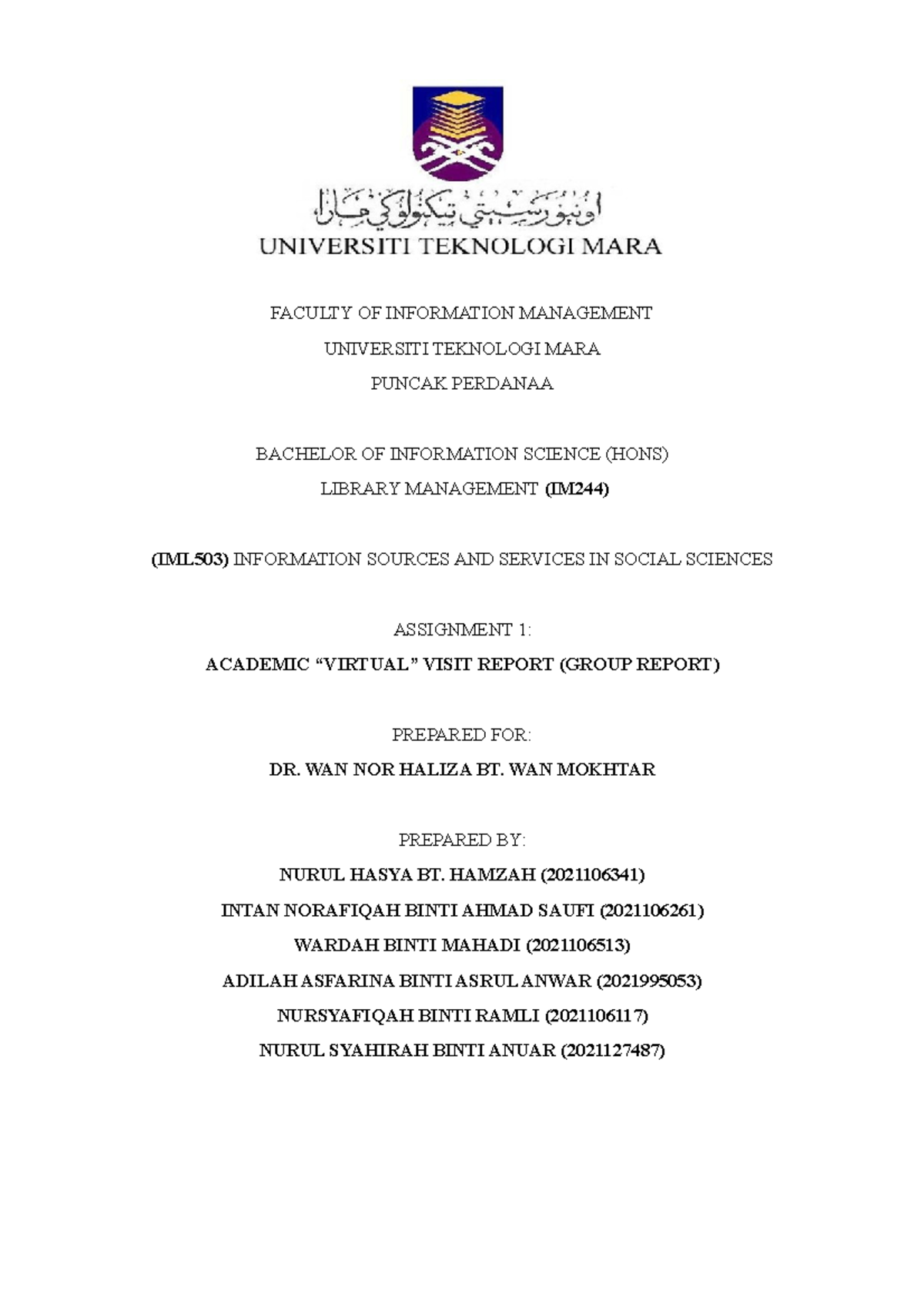 Assignment 1 IML503 (report)) - FACULTY OF INFORMATION MANAGEMENT ...