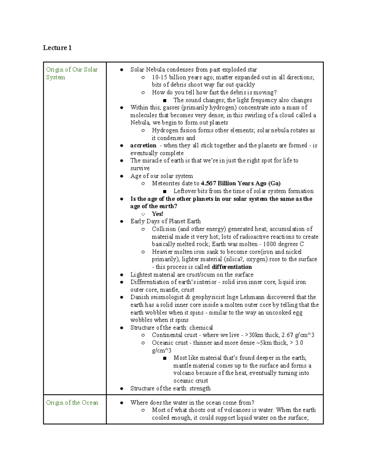 Geol notes - Lecture 1 Origin of Our Solar System Solar Nebula ...