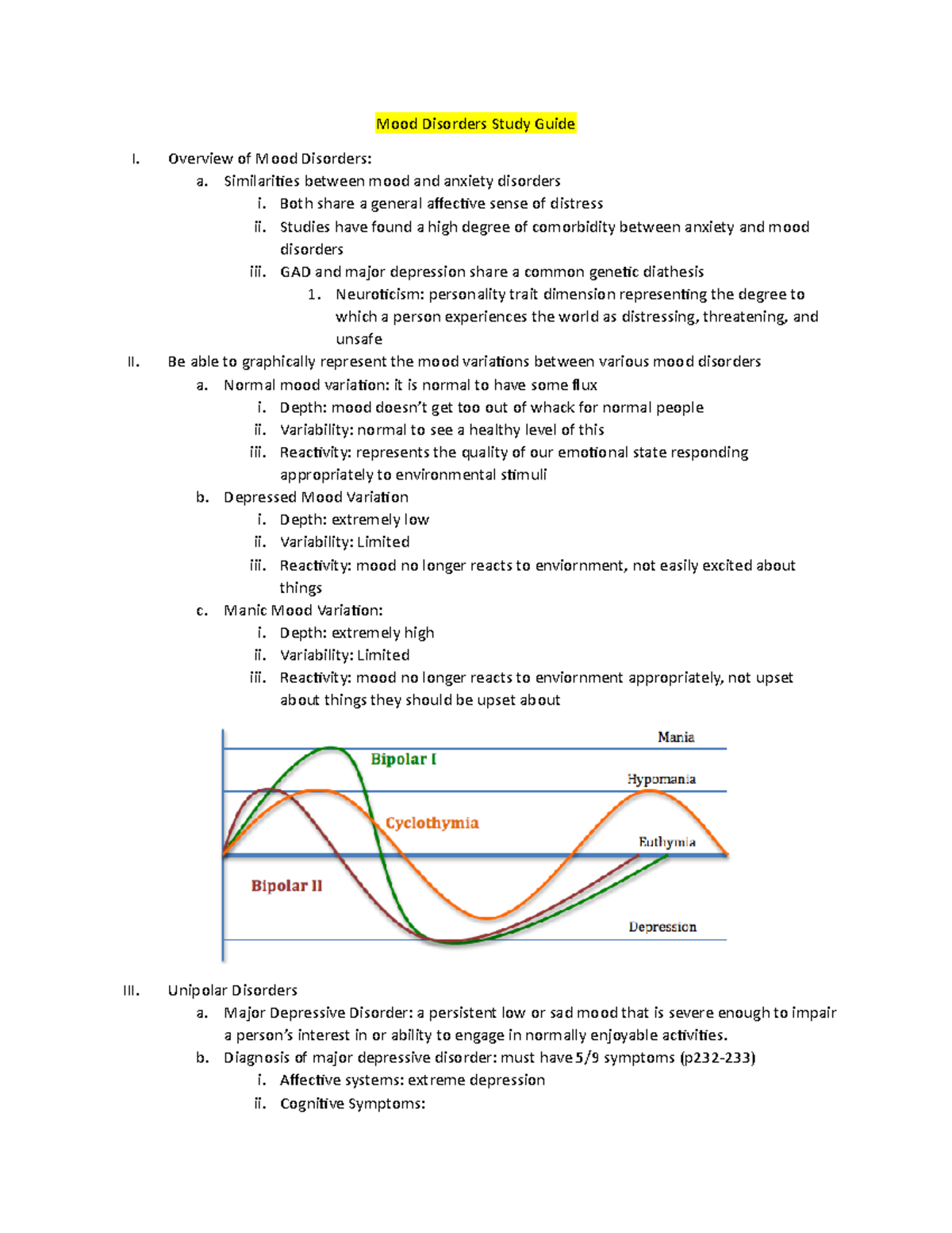 Mood Disorders - Course notes - Mood Disorders Study Guide I. Overview ...