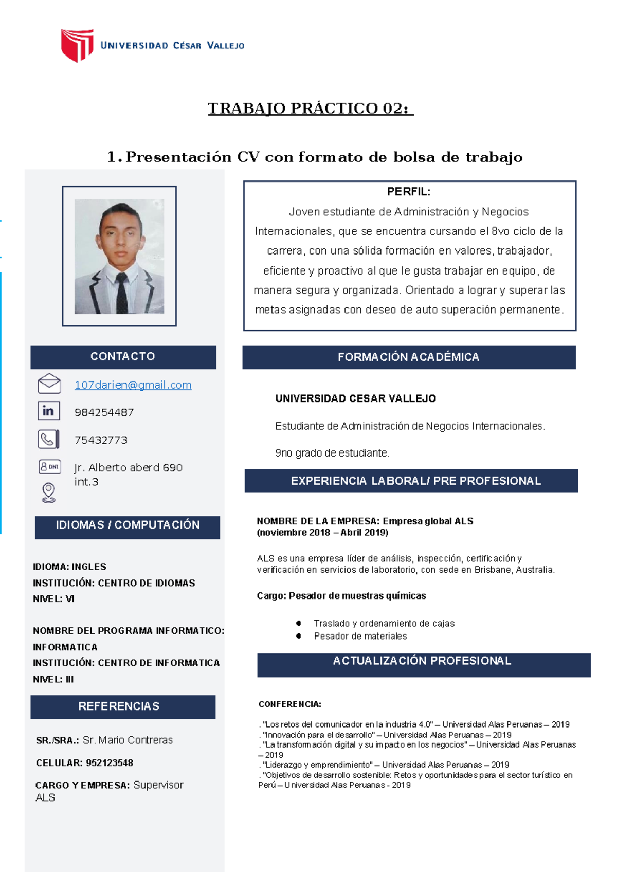 Modelo CV IX Ciclo - TRABAJO PRÁCTICO 02: 1. Presentación CV con formato de bolsa de trabajo ...
