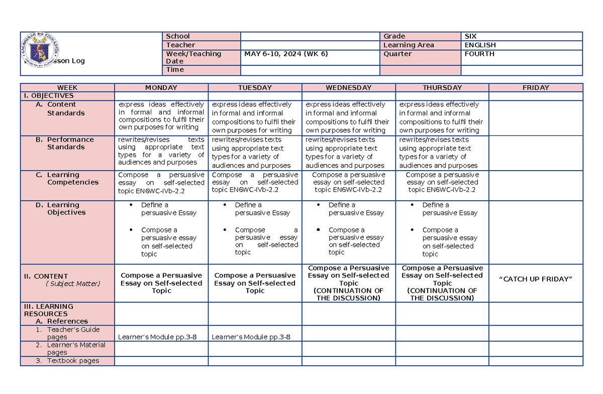 GR 6 DLL- English-WK 6-QTR 4 - Daily Lesson Log School Grade SIX ...