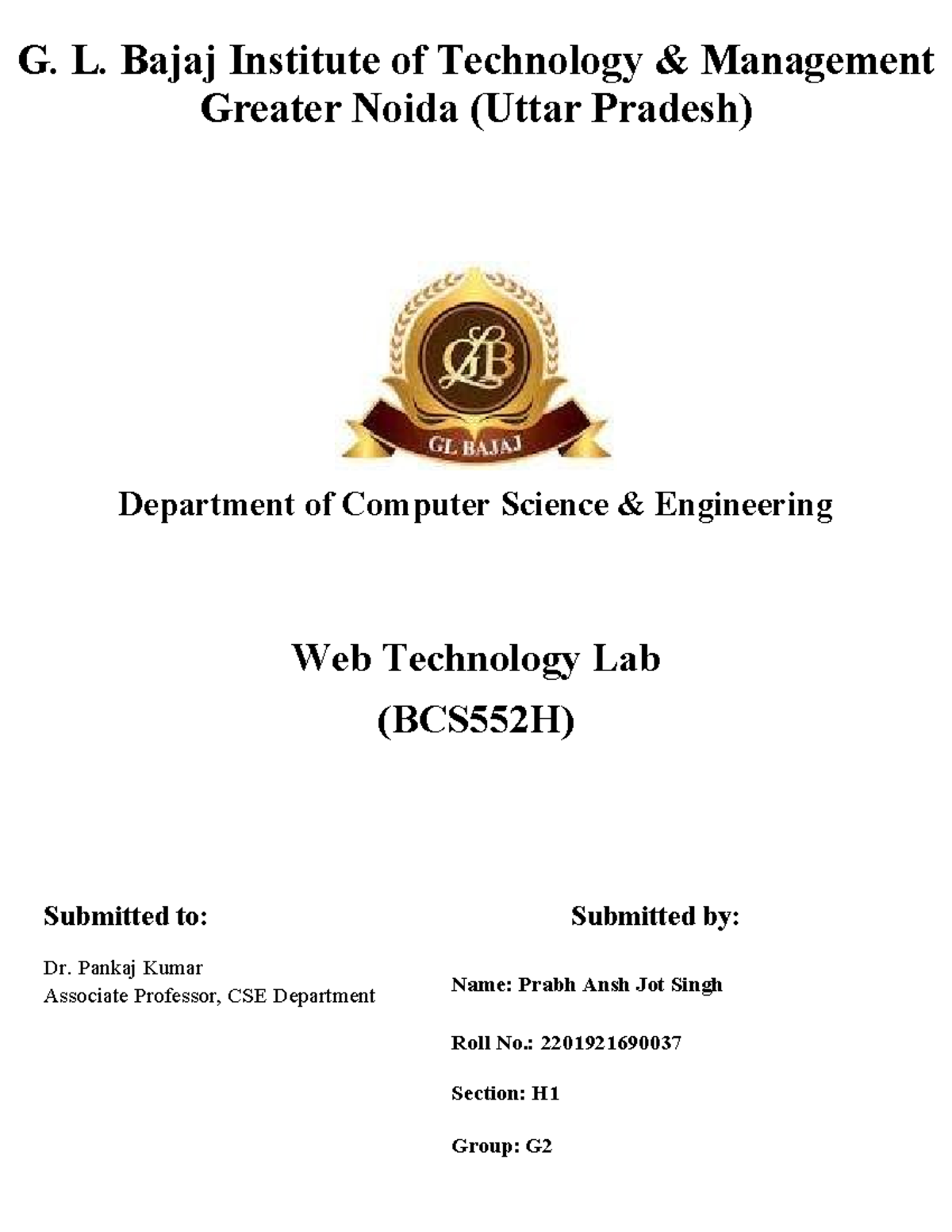 BCS552H - Frontpage & Index - G. L. Bajaj Institute of Technology & Management Greater Noida ...