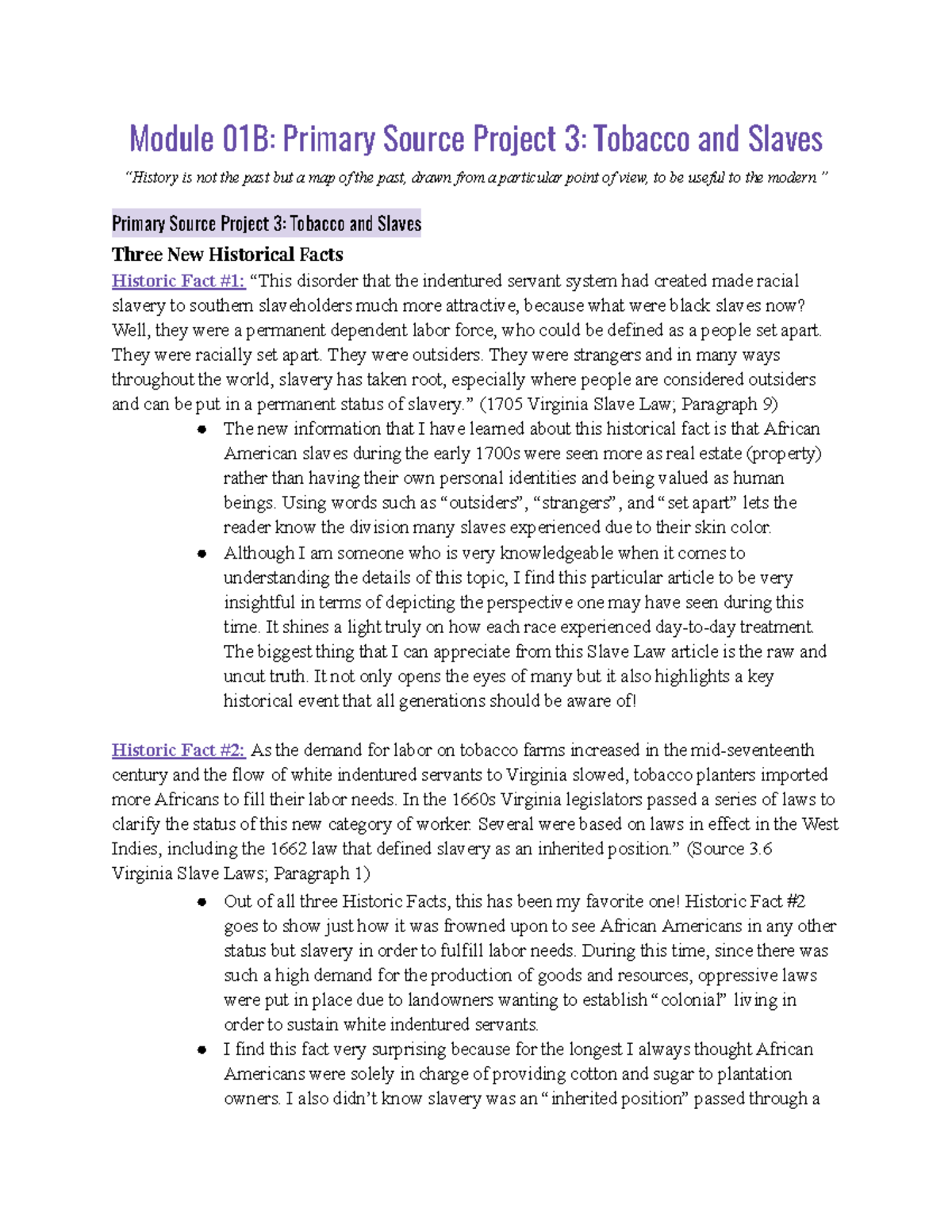 Module 01B Primary Source Project 3 Tobacco and Slaves - HY 221 - UAH ...