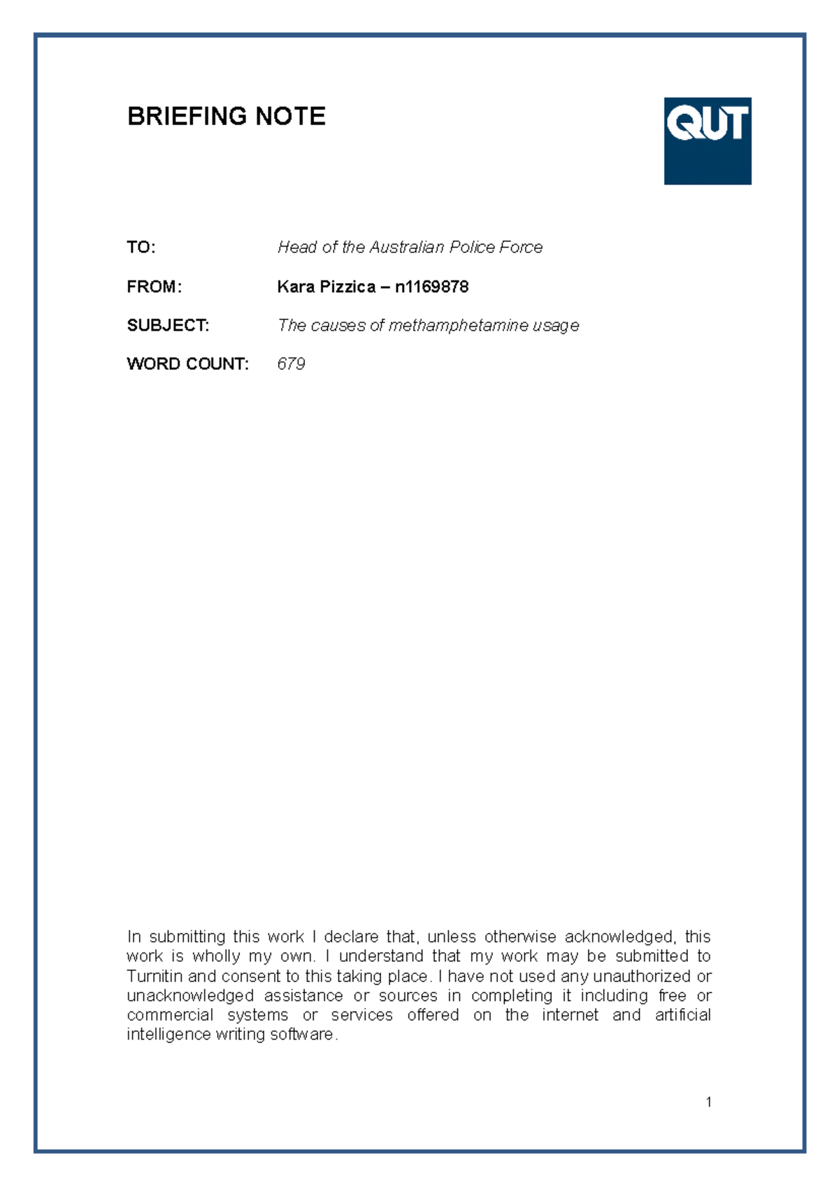 JSB172 Assessment 1 Briefing Note Template 2 2023 - BRIEFING NOTE TO ...