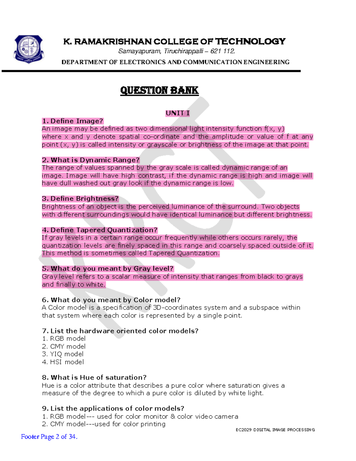 Dip mcq - digital image processing mcq ques - EC2029 DIGITAL IMAGE PROCESSING K. RAMAKRISHNAN ...