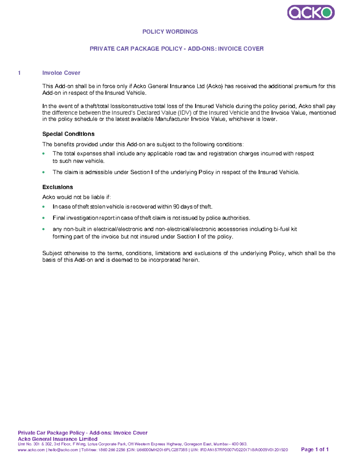 Private Car Package Policy Add ons Invoice Cover - 301 & 302, 3rd Floor ...
