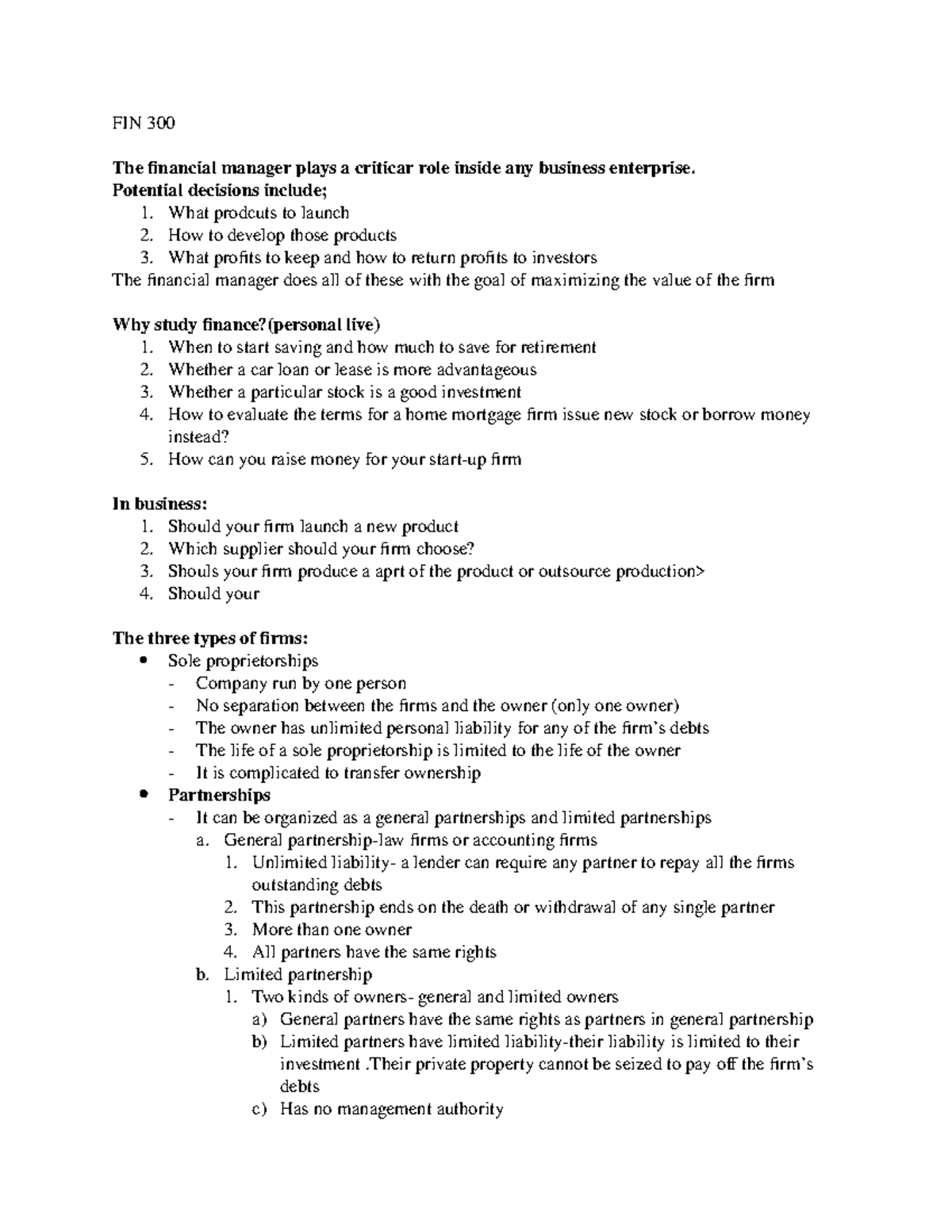 FIN 300 - fin 300 - FIN 300 The financial manager plays a criticar role ...