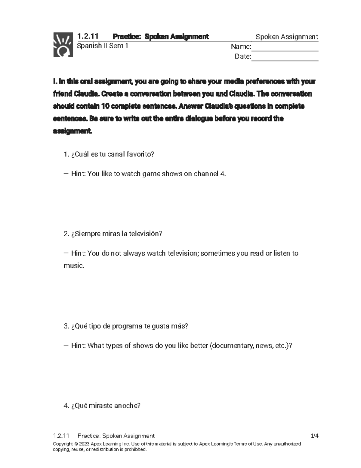 1.2.11 Practice - Spoken Assignment (Spoken assignment) - Practice ...