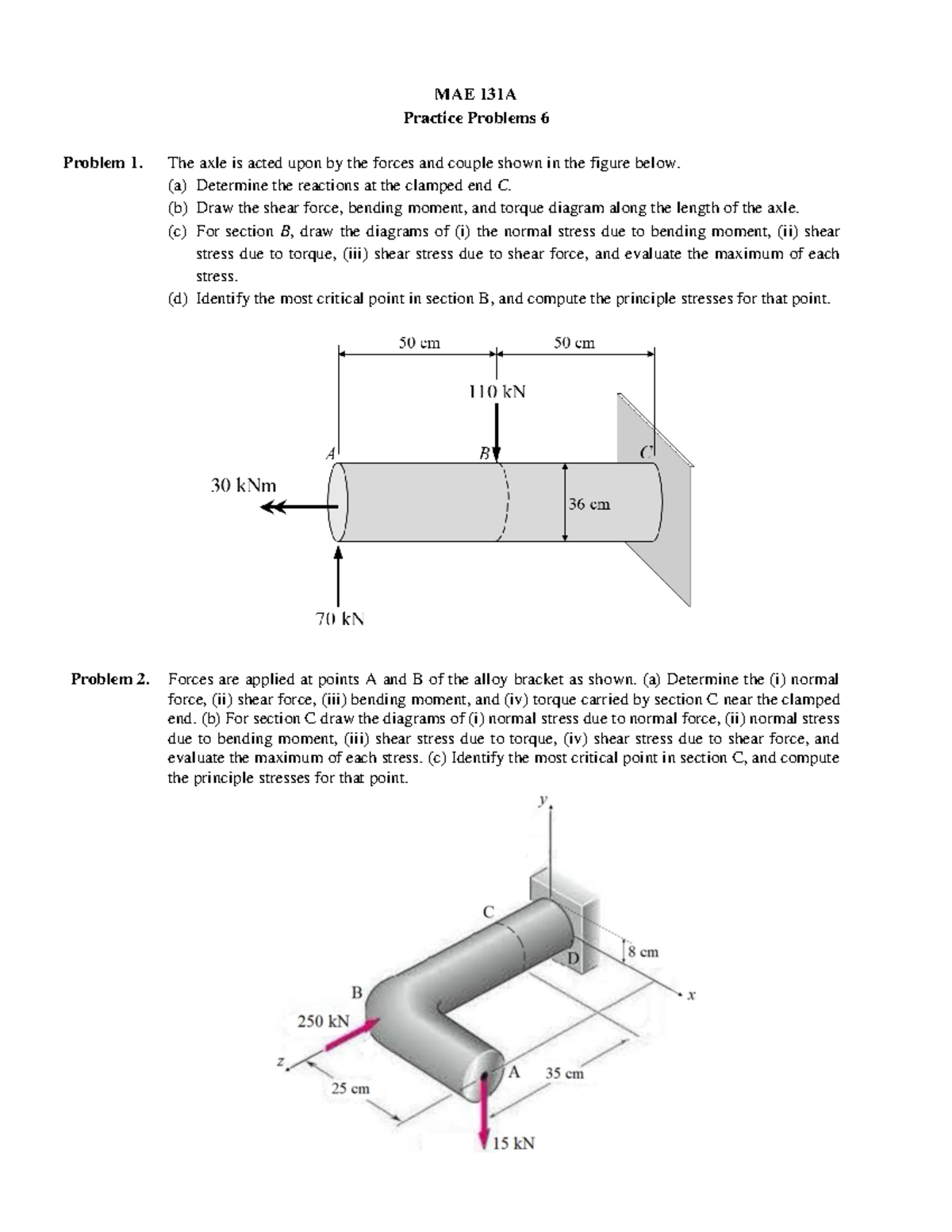 PP6 - Solutions - solid mech - MAE 131A Practice Problems 6 Problem 1. The axle is acted upon by ...