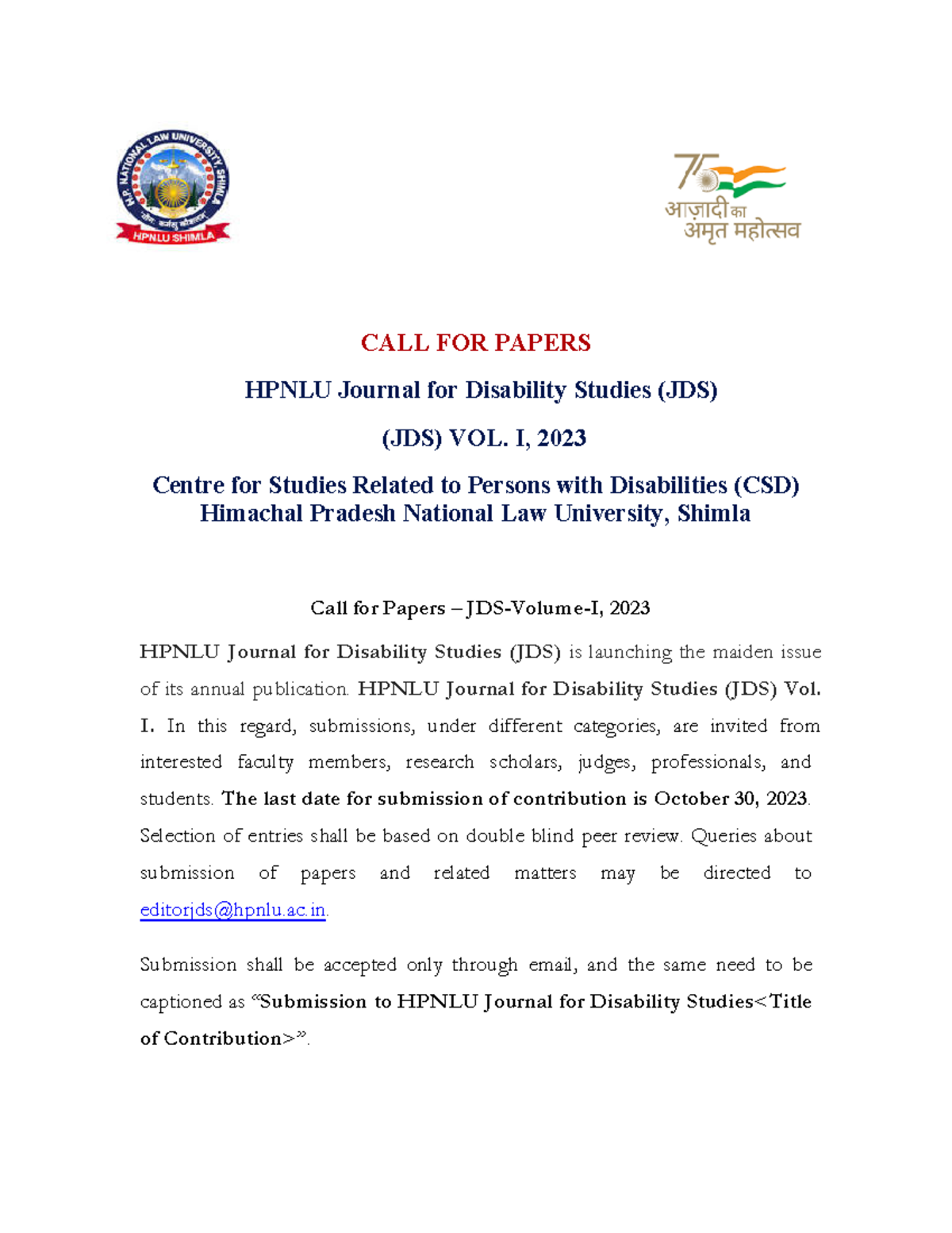 Hpnlu paper - CALL FOR PAPERS HPNLU Journal for Disability Studies (JDS ...