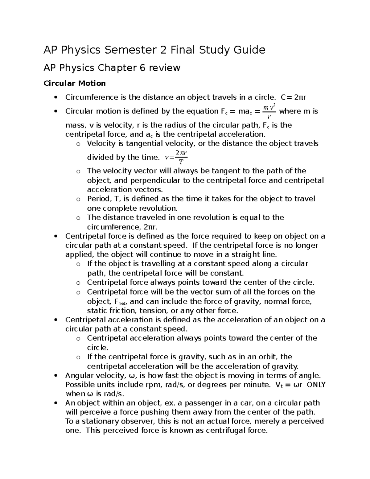 AP Physics Semester 2 Final Study Guide - C= 2πr ####### Circular ...