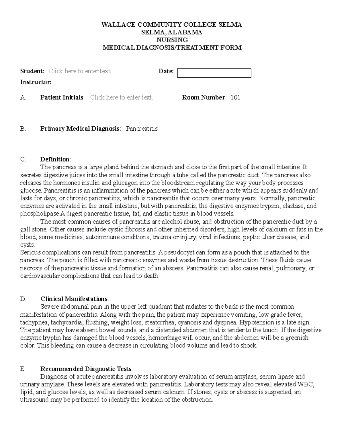 Pancreatitis Write up - pancreatic summary - WALLACE COMMUNITY COLLEGE ...