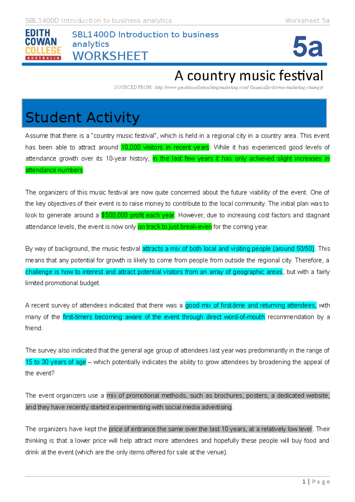 Worksheet 5a Music Festival Strategy ANS - SBL1400D Introduction to ...