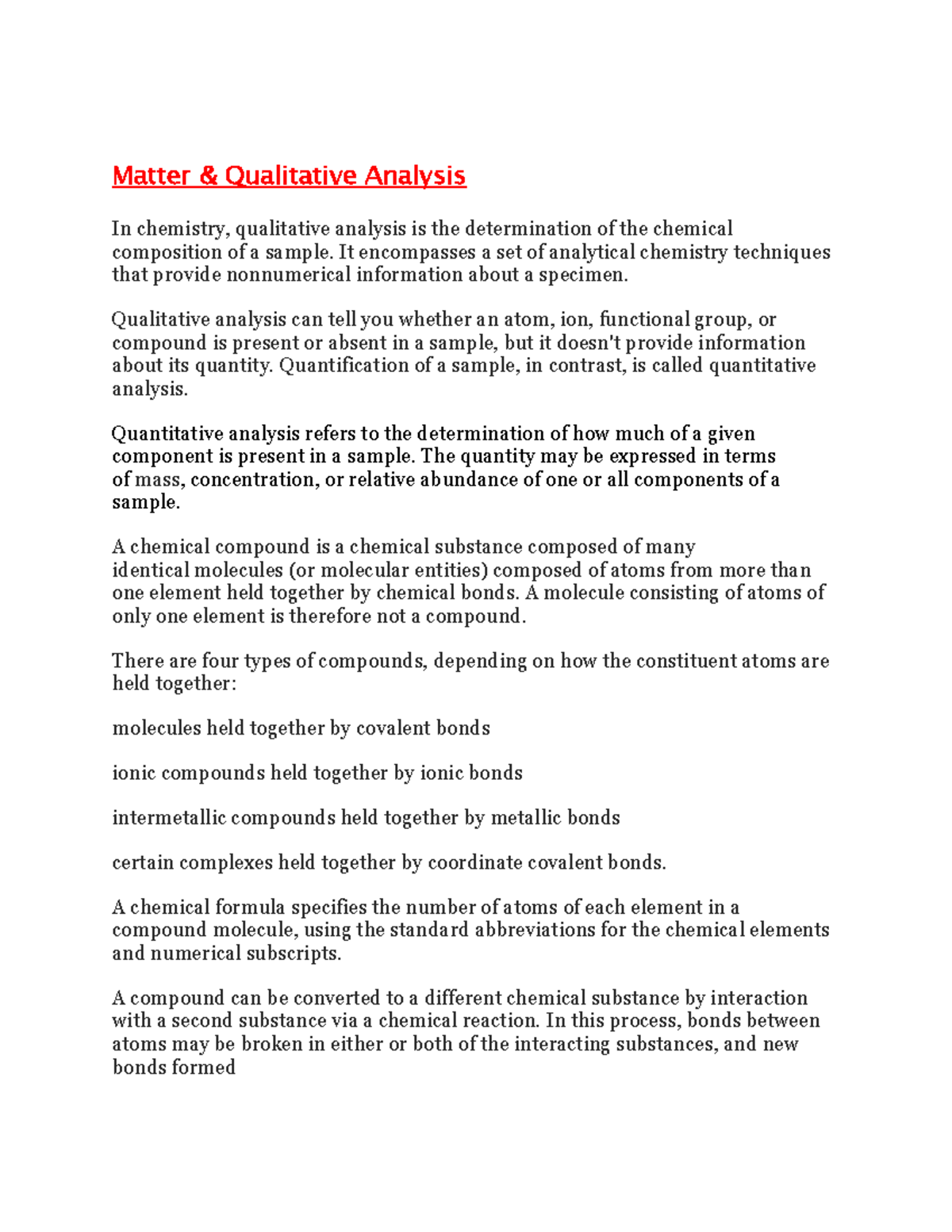 Final report c2 - notes - Matter & Qualitative Analysis In chemistry ...