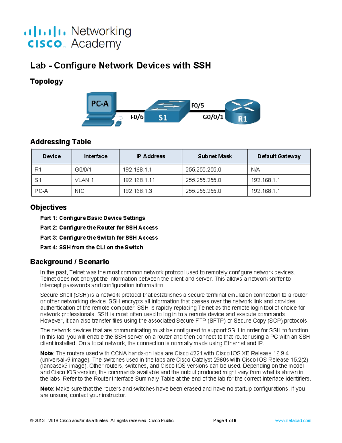 16.4.7 Lab - Configure Network Devices with SSH - Topology Addressing Table Device Interface IP ...
