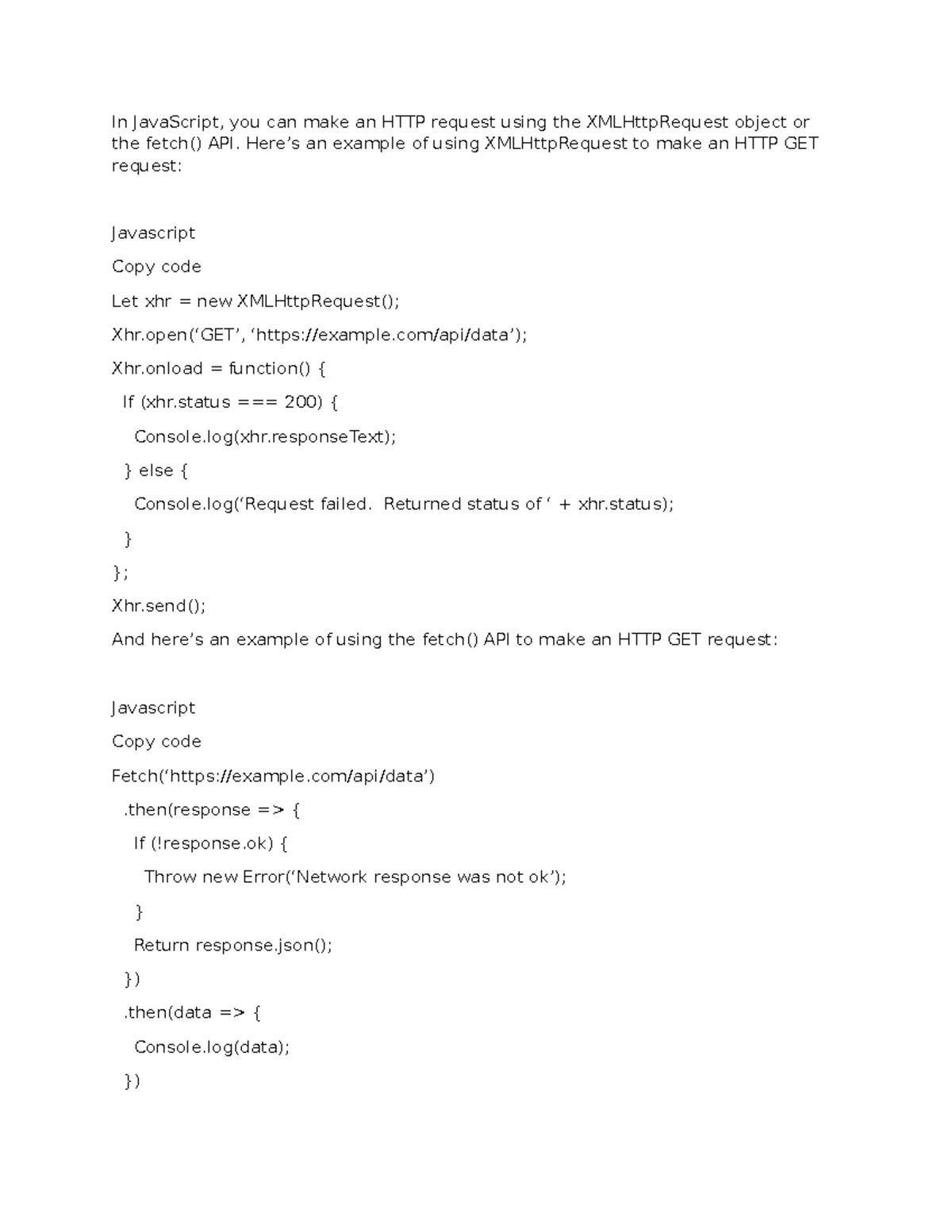 Java Script to HTTP - Assignment - In JavaScript, you can make an HTTP ...