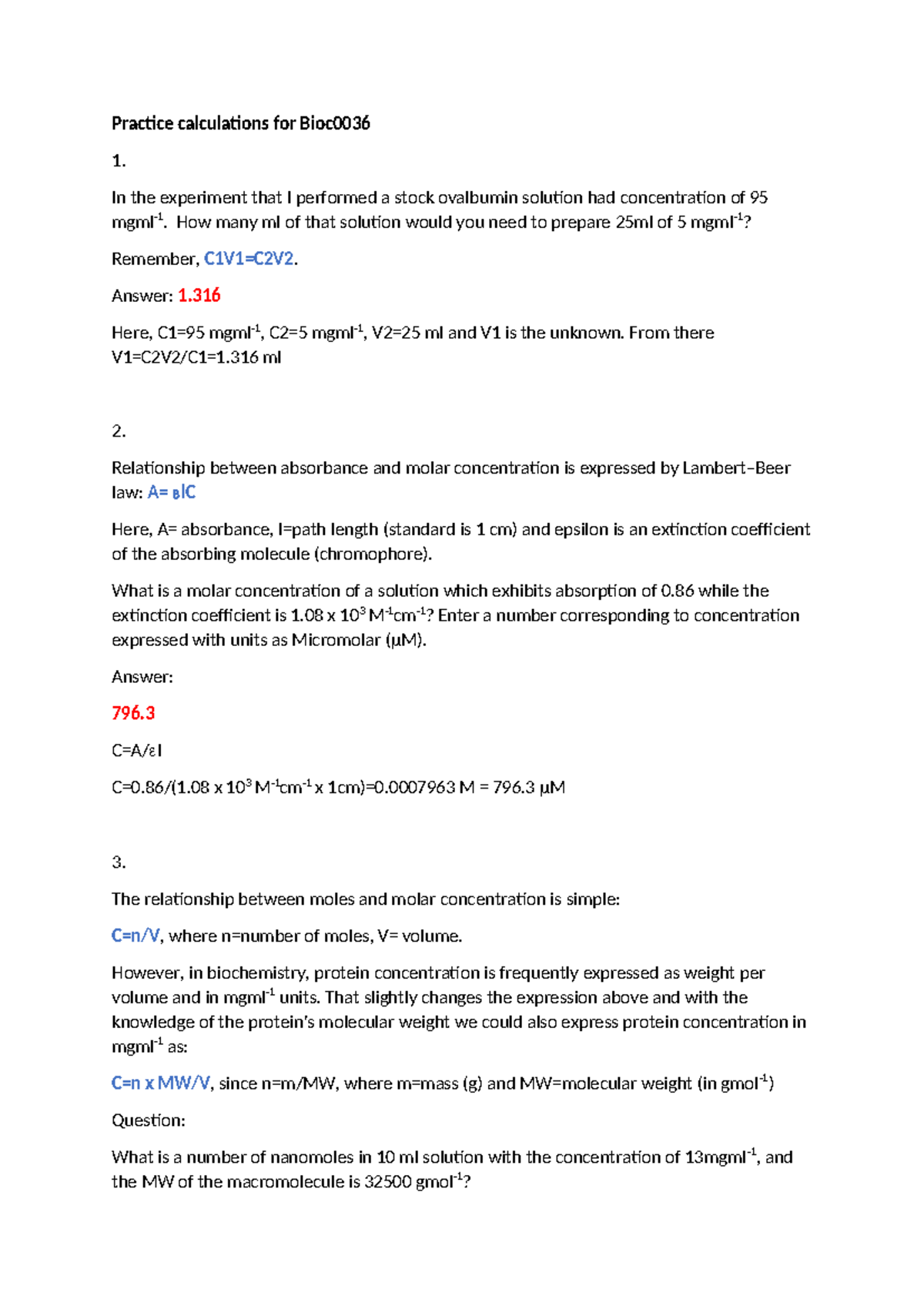 Practice calculations for Bioc0036 - In the experiment that I performed a stock ovalbumin ...