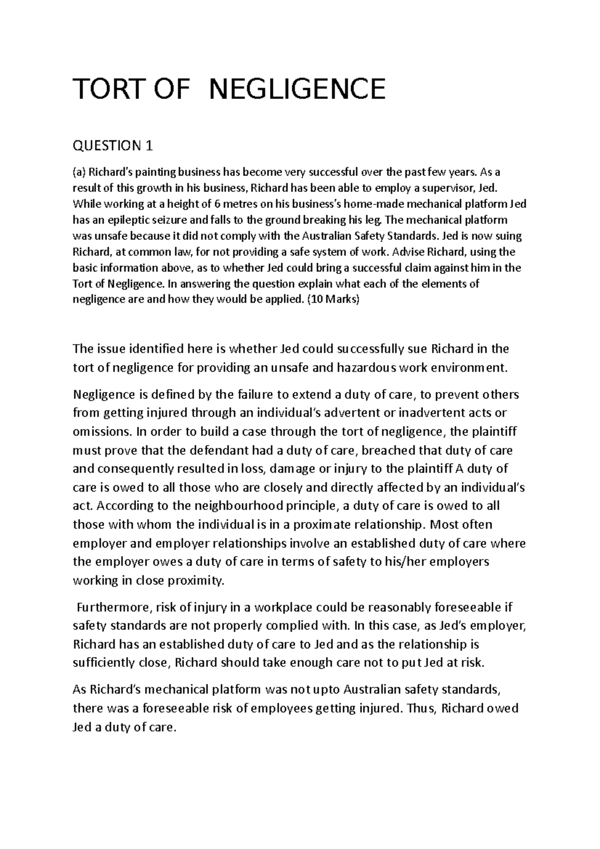 TORT OF Negligence - exam pratice questions - TORT OF NEGLIGENCE ...