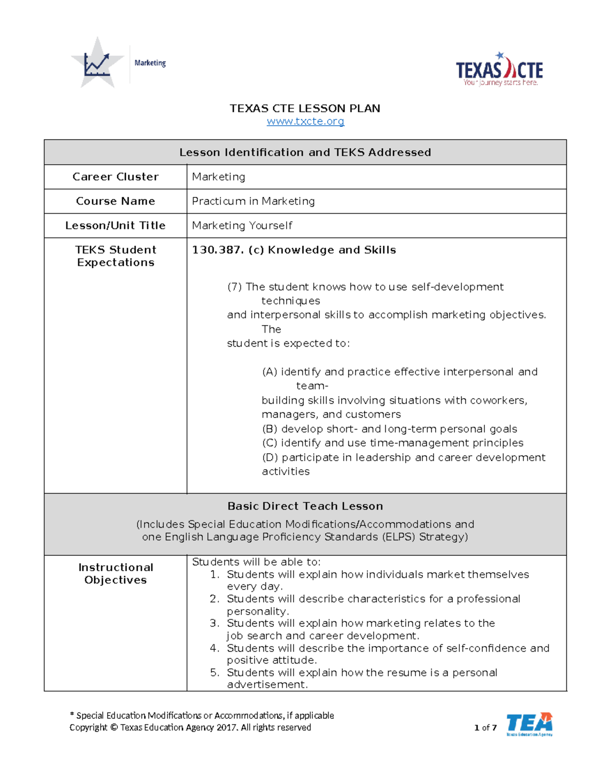 Marketing Yourself 0 - TEXAS CTE LESSON PLAN txcte Lesson ...