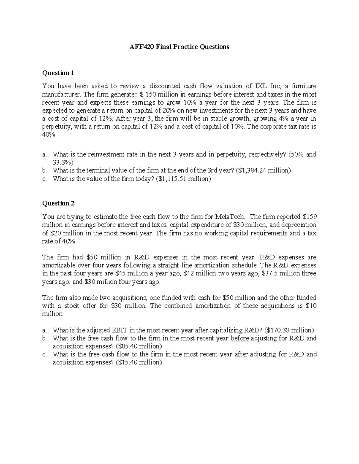 Final Practice Questions AFF420 S2023 - AFF420 Final Practice Questions ...