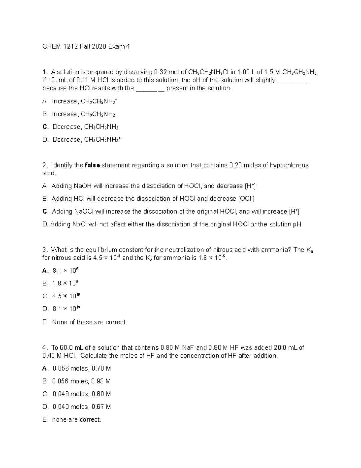 CHEM 1212 Fall 2020 Exam 4 - CHEM 1212 Fall 2020 Exam 4 A solution is ...