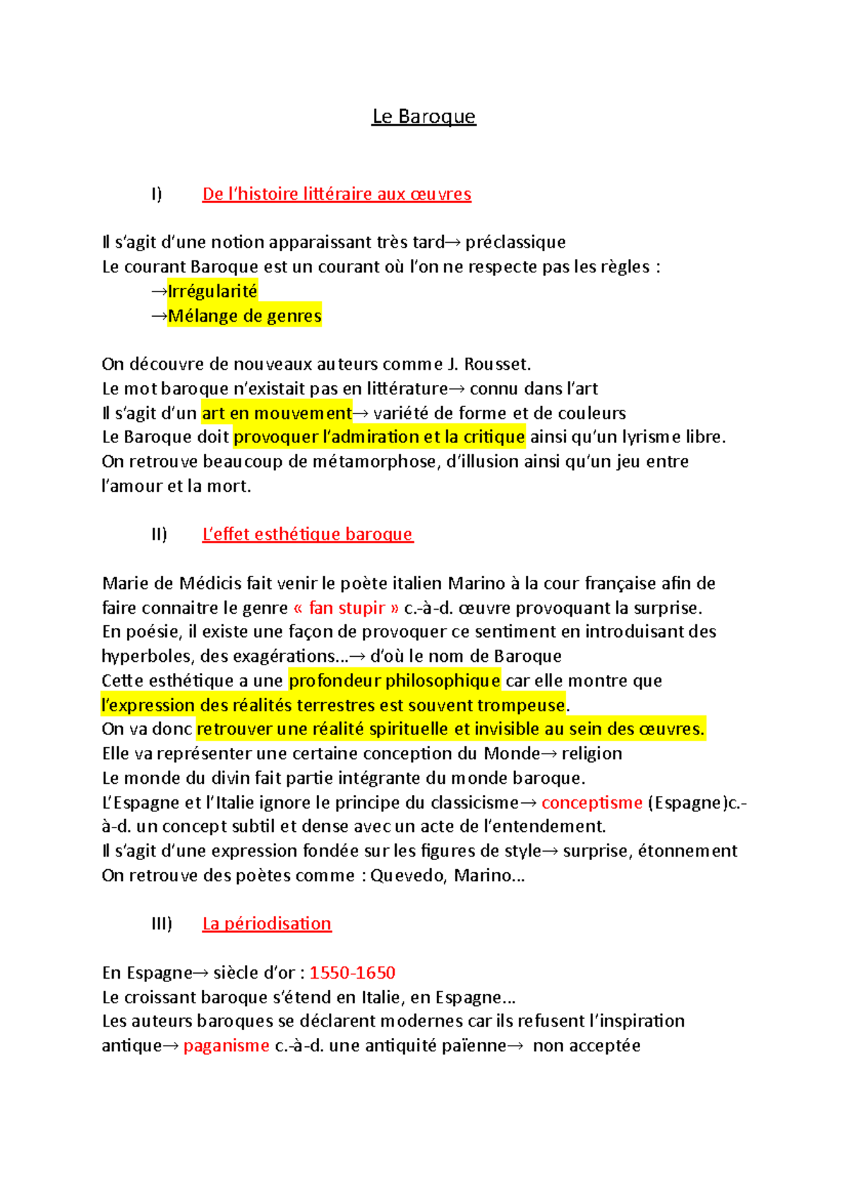 Le Baroque - Le Baroque I) De l’histoire littéraire aux œuvres Il s ...