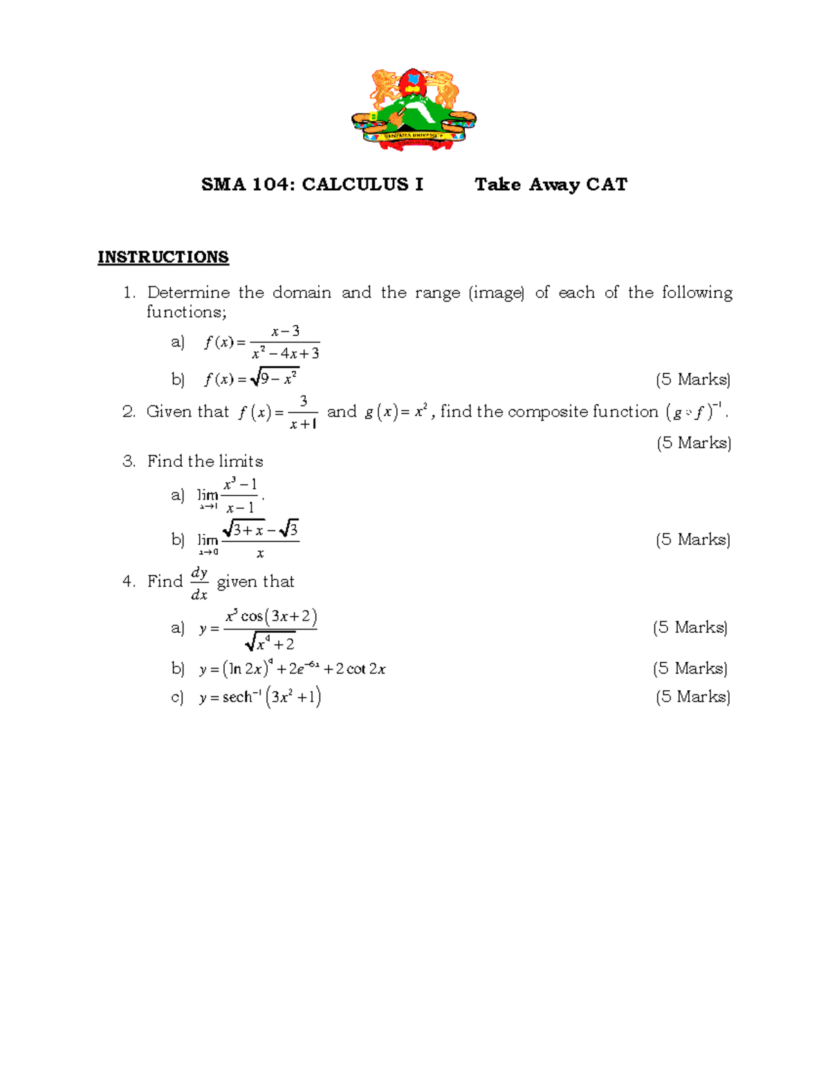 SMA 104 Assignment - SMA 104: CALCULUS I Take Away CAT INSTRUCTIONS ...