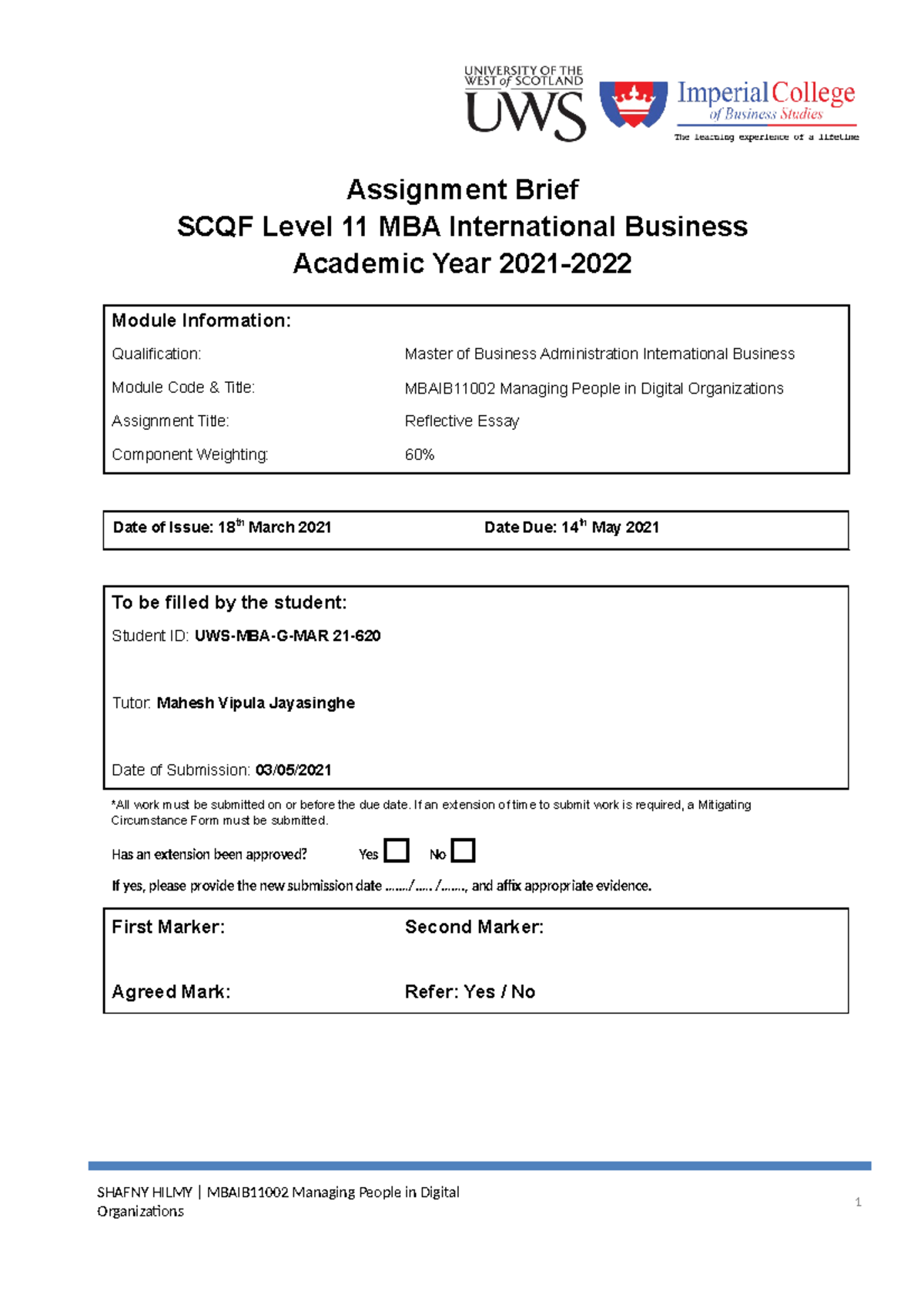 Mbaib 11002 HR Assignment March 2021 - Colombo Shafny - Assignment Brief SCQF Level 11 MBA - Studocu