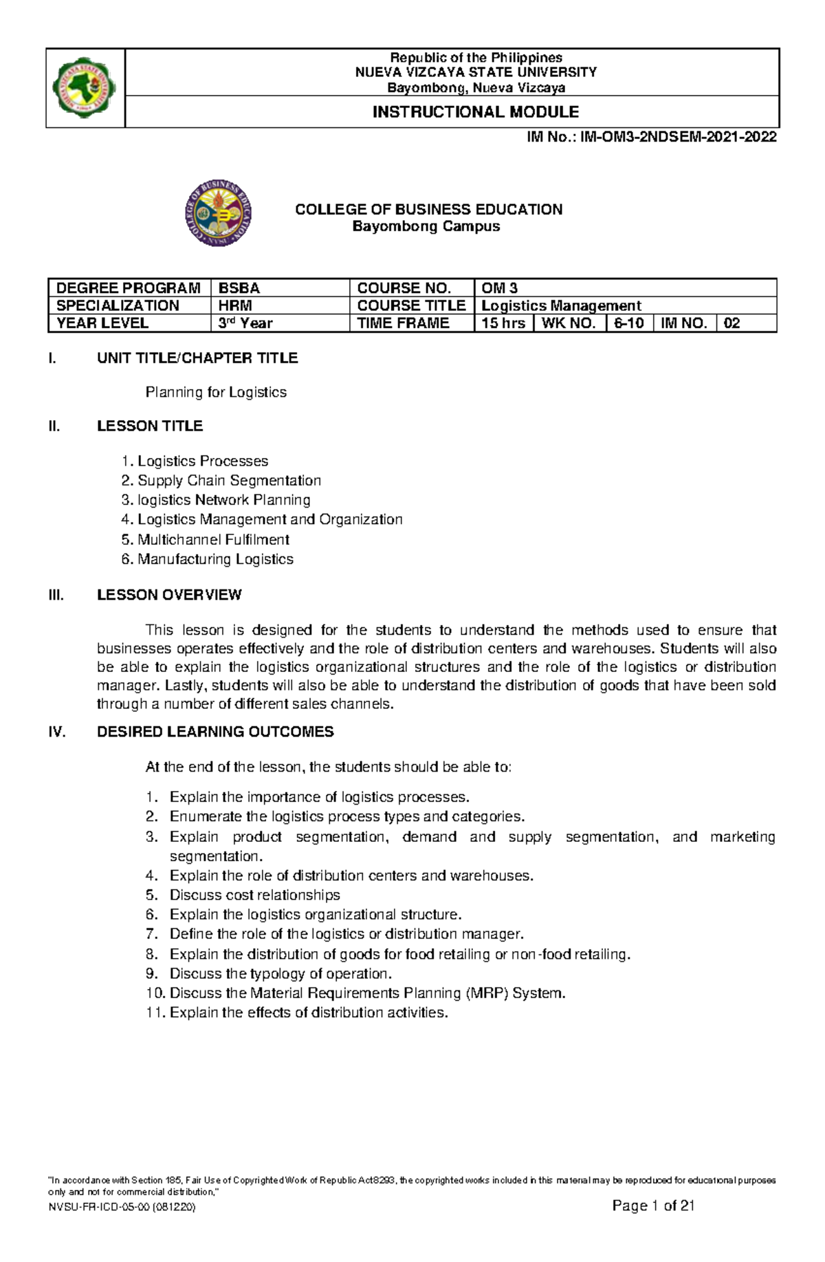 Logistics Module 2 - NUEVA VIZCAYA STATE UNIVERSITY Bayombong, Nueva ...