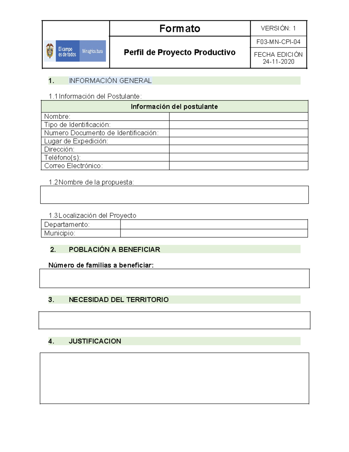 Formato Perfil de Proyecto Productivo V1 - Formato VERSIÓN: 1 Perfil de Proyecto Productivo ...