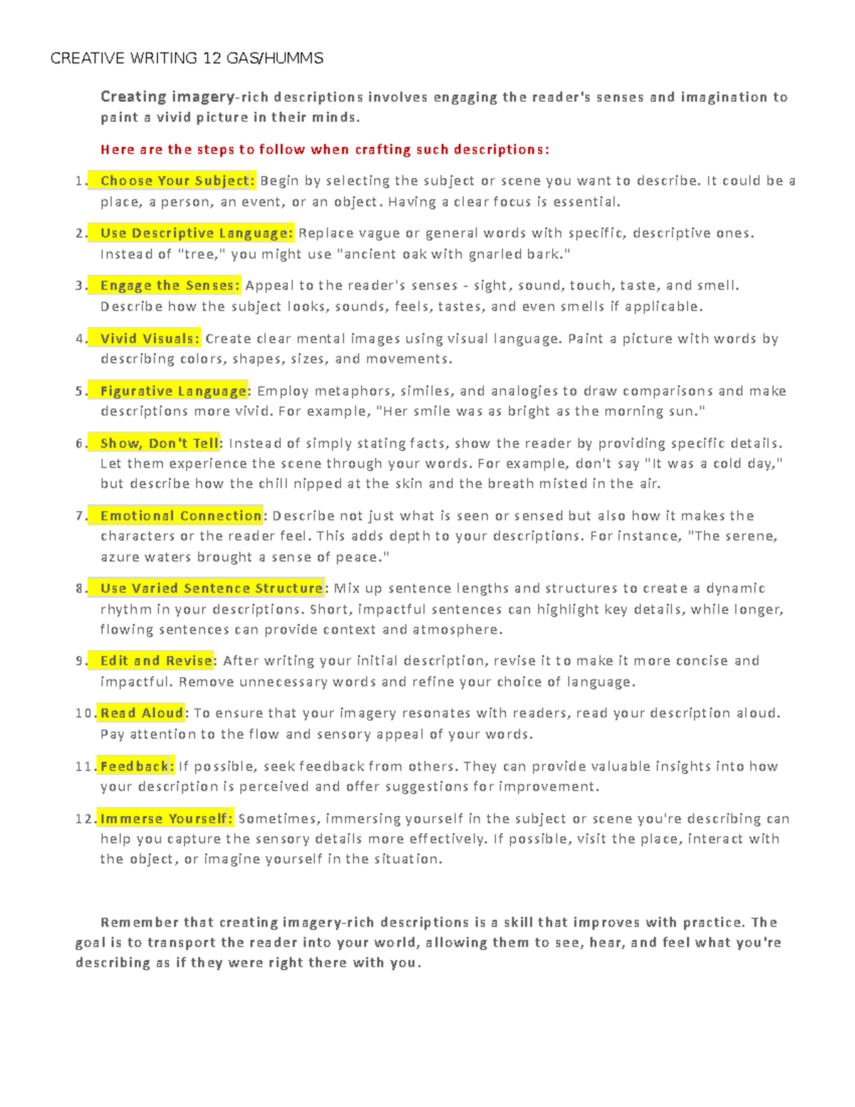 Creating imagery Print - CREATIVE WRITING 12 GAS/HUMMS Creating imagery ...