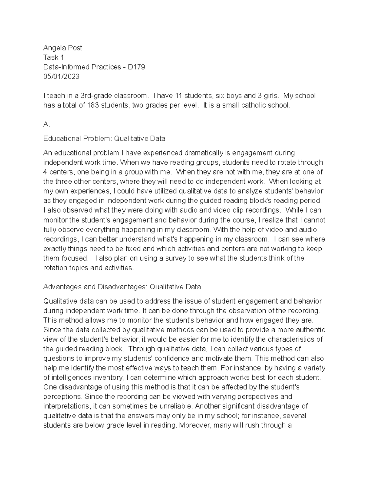 Data Informed Practices D179 Task 1 Angela Post Task 1 Data Informed Practices D 05 01 I