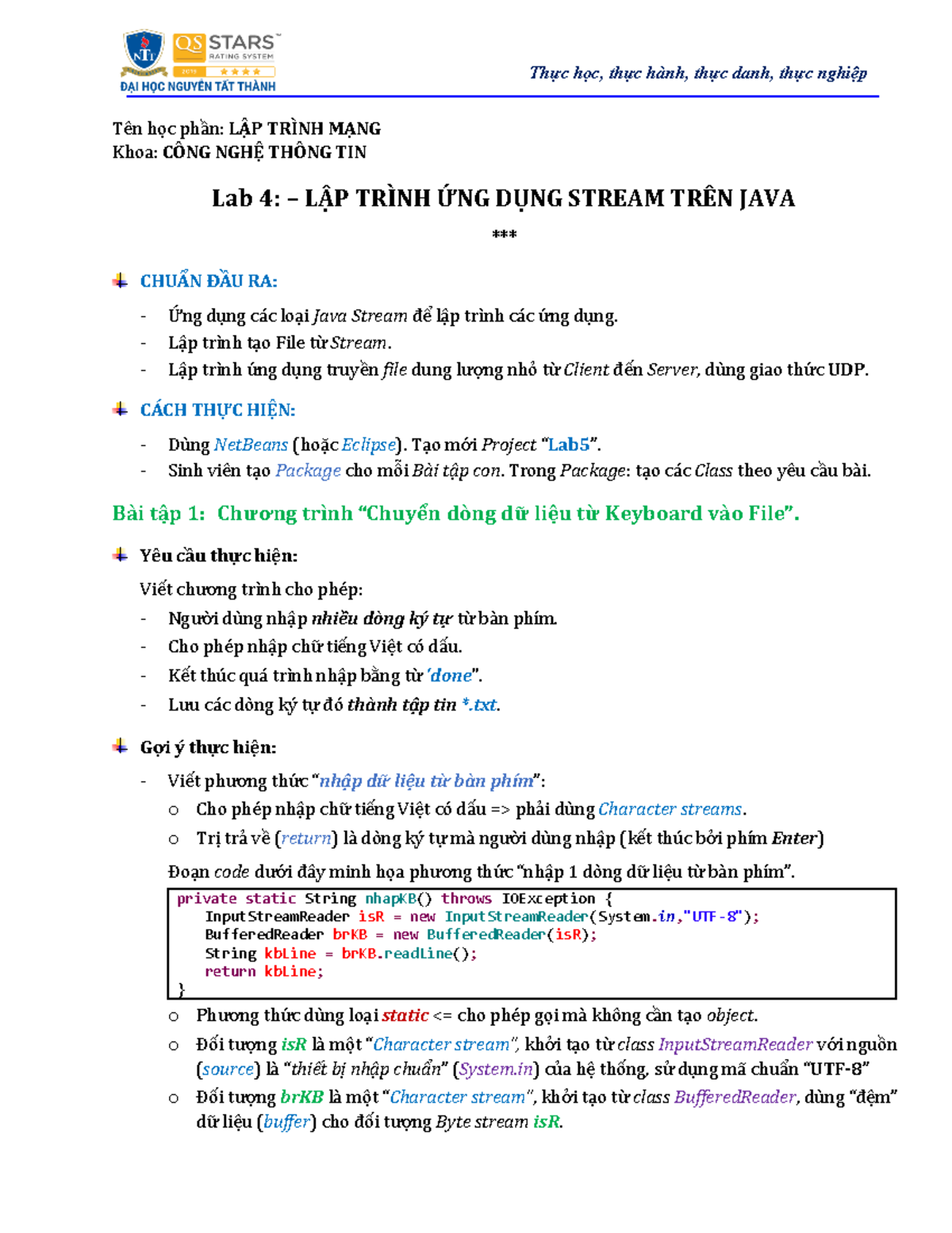 Lab 4-Stream va Ung dung - Tên học phần: LẬP TRÌNH MẠNG Khoa: CÔNG NGHỆ THÔNG TIN Lab 4 : – LẬP ...