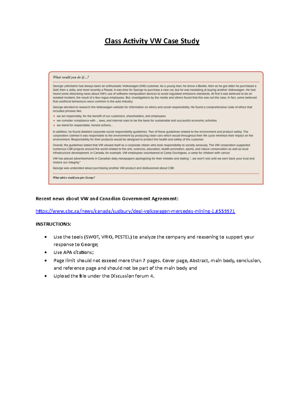 Class Activity VW Case Study - Class Activity VW Case Study Recent news about VW and Canadian ...