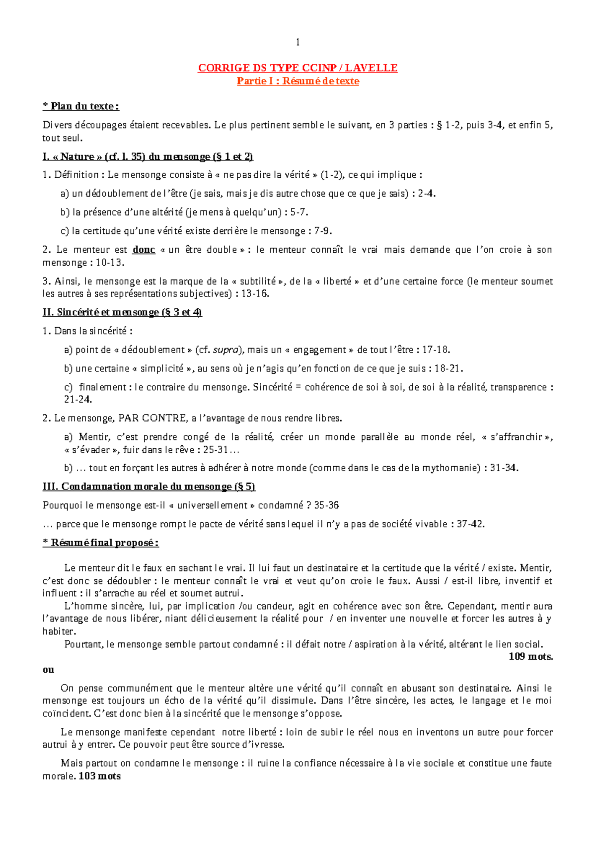 Corrige ds lavelle resume dissert - CORRIGE DS TYPE CCINP / LAVELLE Partie I : Résumé de texte ...