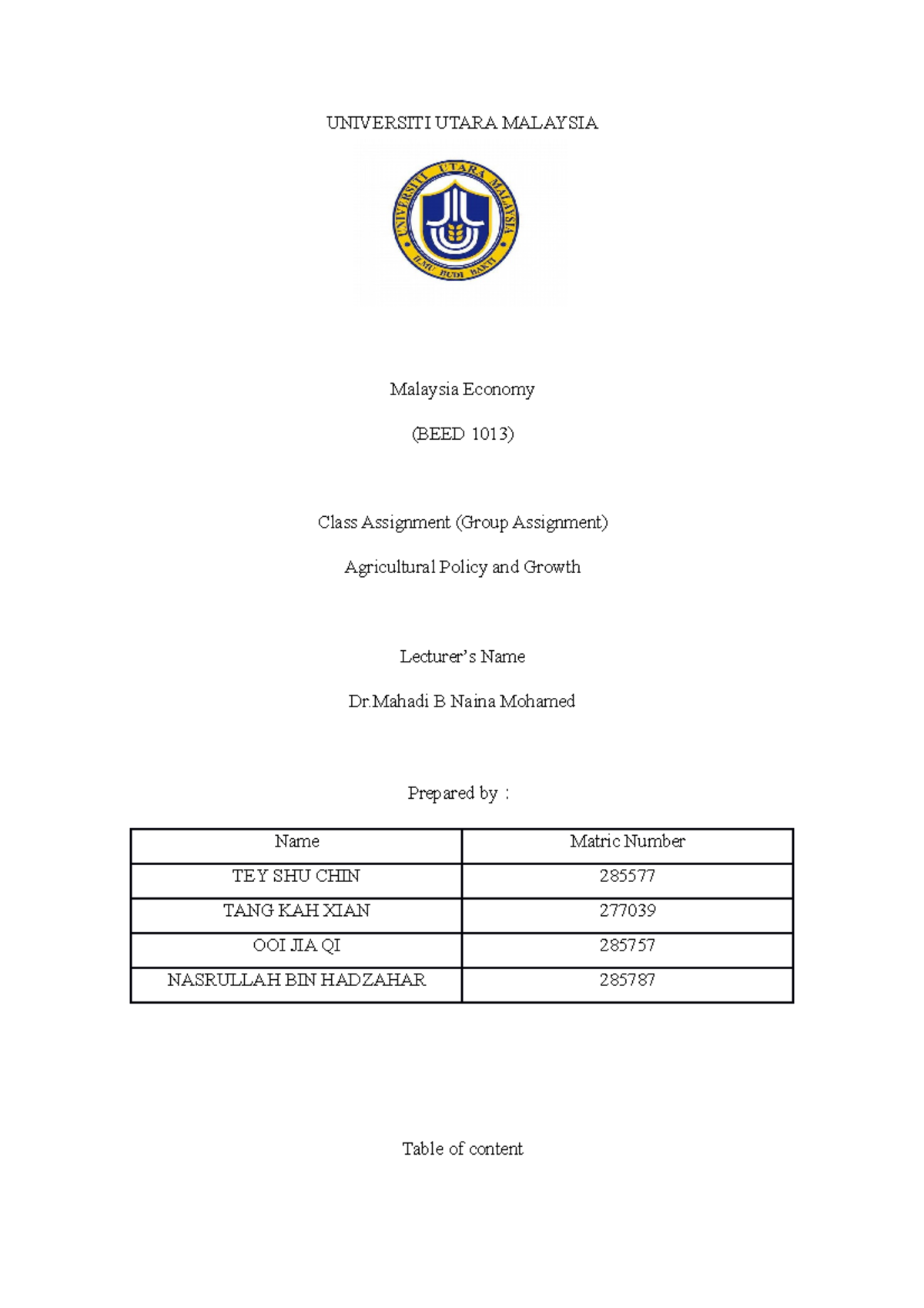 Malaysia Economy Group Assignment Universiti Utara Malaysia Malaysia