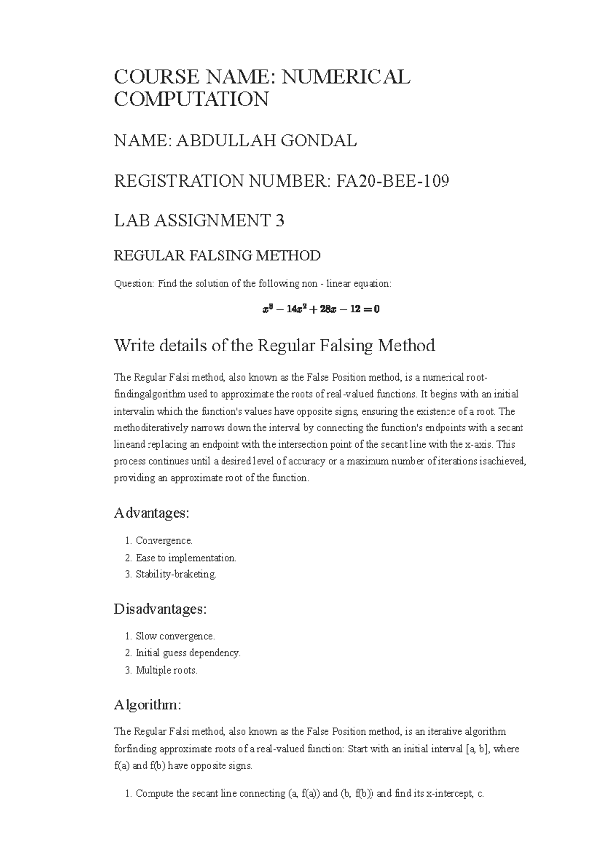 Lab Assignment 3 109 - Lab Report 3 of Regular Falsi Method. - COURSE NAME: NUMERICAL ...